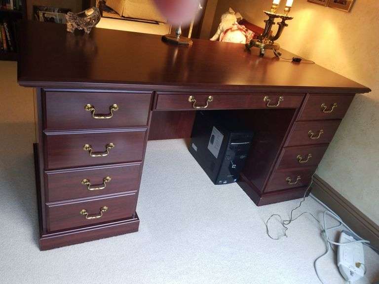 Double pedestal Cherry executive desk with brass hardware. 30x65 - Bid ...