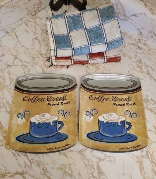 Coffee break plates... Two dish towels.. kitchen - Bid-Assets Online ...