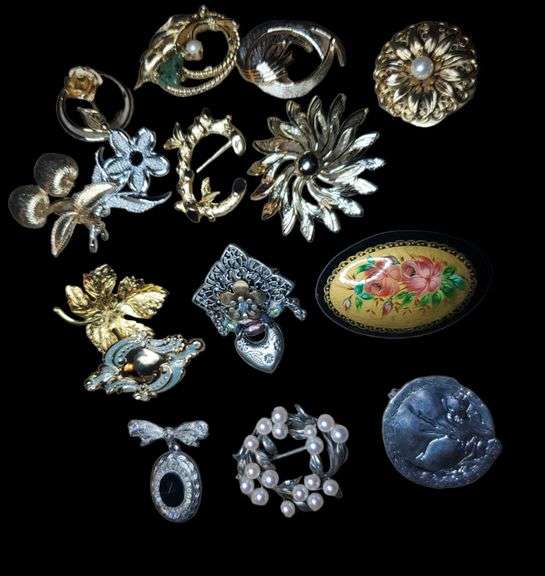 Pearl beaded wreath brooch stamped sterling...Brooches including Sarah ...