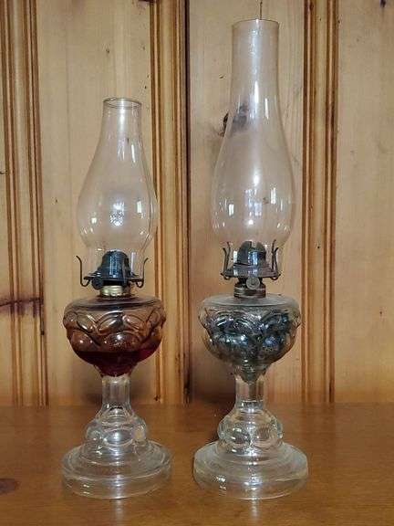 Pair Peanut Pattern EAPG Glass Oil Lamps. Also includes a vintage 17-in ...