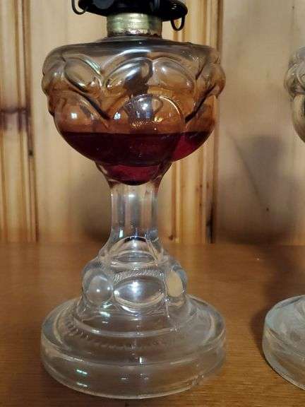 Pair Peanut Pattern EAPG Glass Oil Lamps. Also includes a vintage 17-in ...
