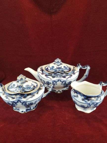 "IRIS" Royal Staffordshire Cobalt Flow Blue teapot, creme & sugar bowls ...