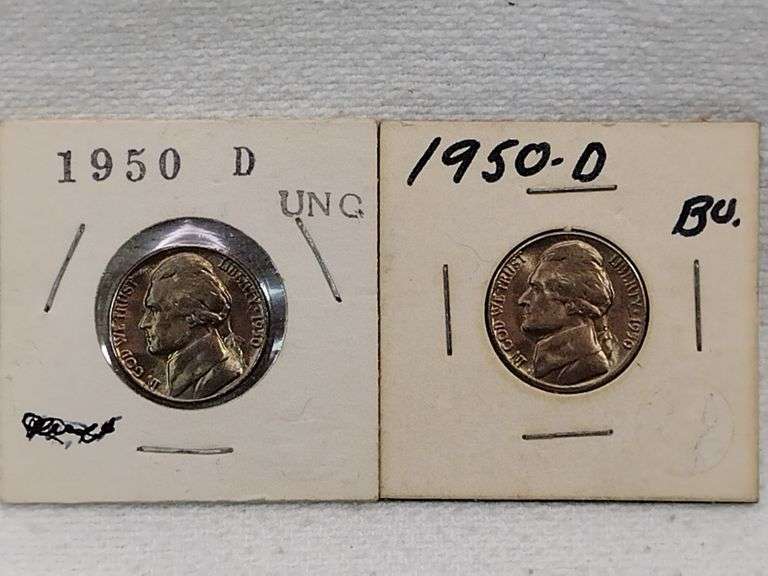 (2) 1950-D "Key Date" US Jefferson Nickels. One is marked UNC and the ...