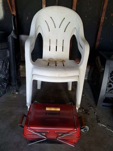 2 PVC stacking patio chairs, portable propane camping grill - Bid ...