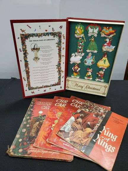 The 12 Days of Christmas ornaments and book, Christmas Carol books ...