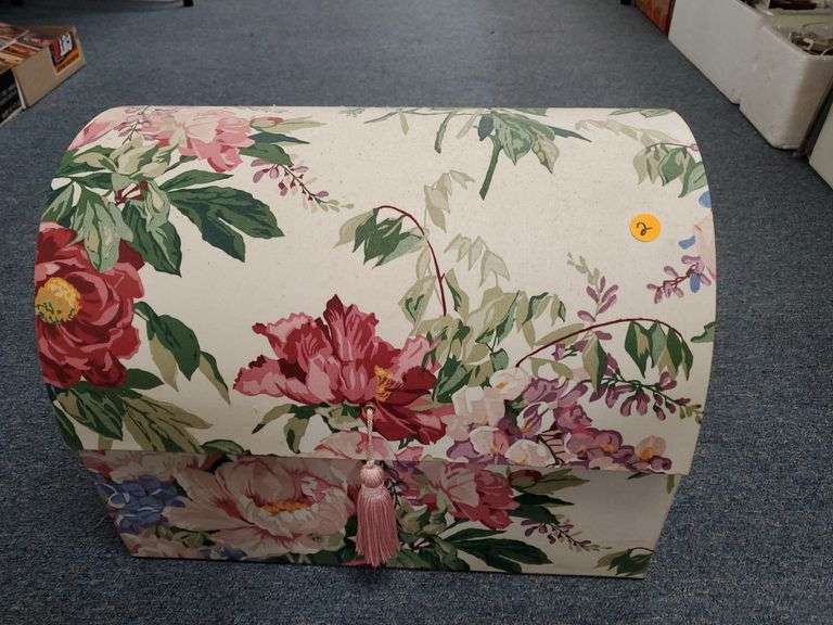Large flip top storage chest in cloth floral pattern and tasseled lift ...