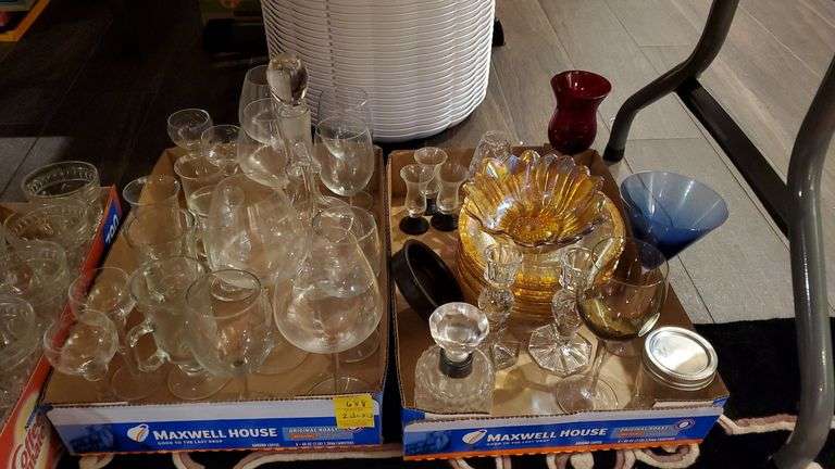 Daisy cut decanter, assorted stemware and glassware, tapered spiral cut ...