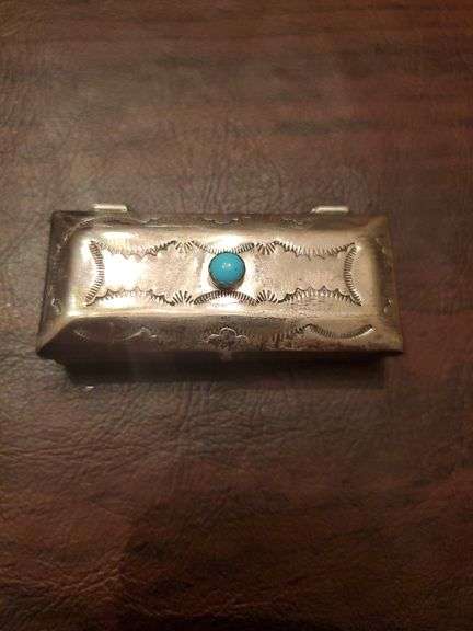 Vintage pill container with turquoise colored stone.stamped JC ...