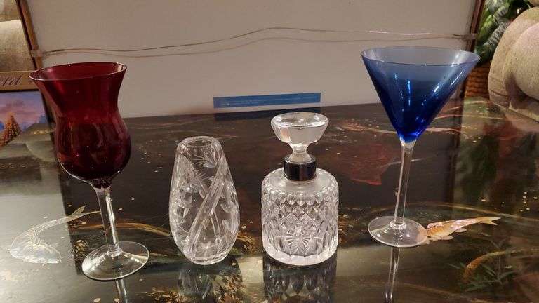 Daisy cut decanter, assorted stemware and glassware, tapered spiral cut ...
