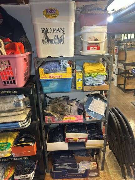 Metal Storage Shelf 31”W x 12”D x 60”H. Contents including shop rags ...