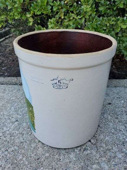 Number five salt glazed crock with Gristmill artwork. - Bid-Assets ...