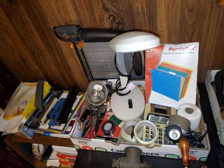 Large office lot including desk lamp, paper cutter, hanging folders ...
