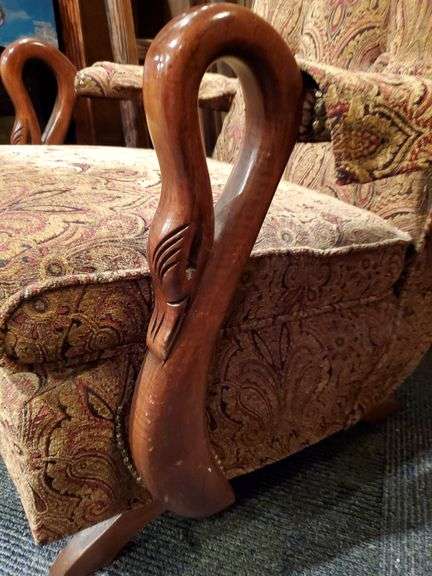 Rocking armchair with swan designed wood handles and paisley upholstery ...
