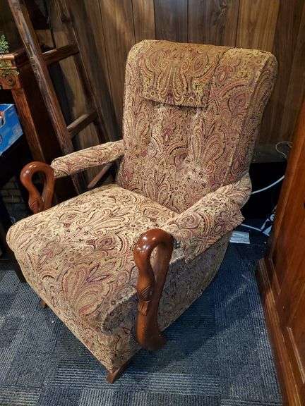 Rocking armchair with swan designed wood handles and paisley upholstery ...