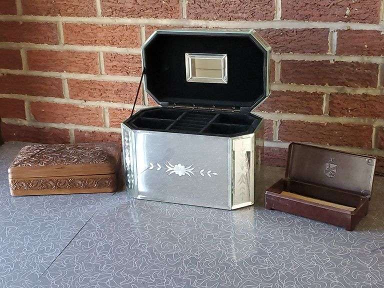 Ornately decorated hand carved wood box, mirrored etched glass jewelry ...