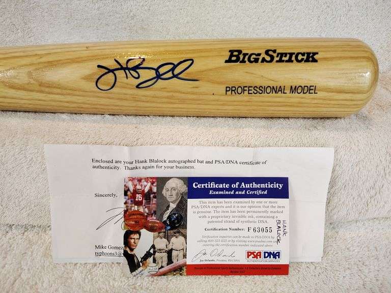 Hank Blalock autographed Baseball bat. Blue Sharpie on the barrel ...