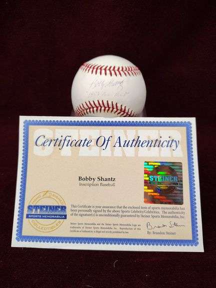 Bobby Shantz 1952 A.L. MVP autographed baseball. Blue ball point. Sweet ...