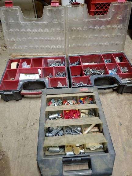 Organizing cases with miscellaneous hardware including nails, screws ...