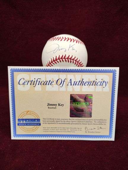 Jimmy Key autographed baseball. Blue ball point. Sweet Spot. Rawlings ...