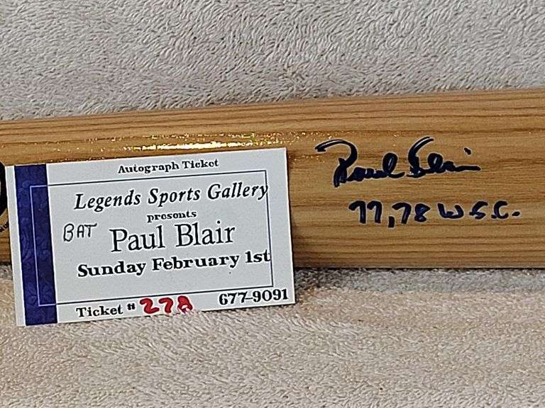 Paul Blair 77, 78 W.S.C. autographed baseball bat. Blue Sharpie on the ...