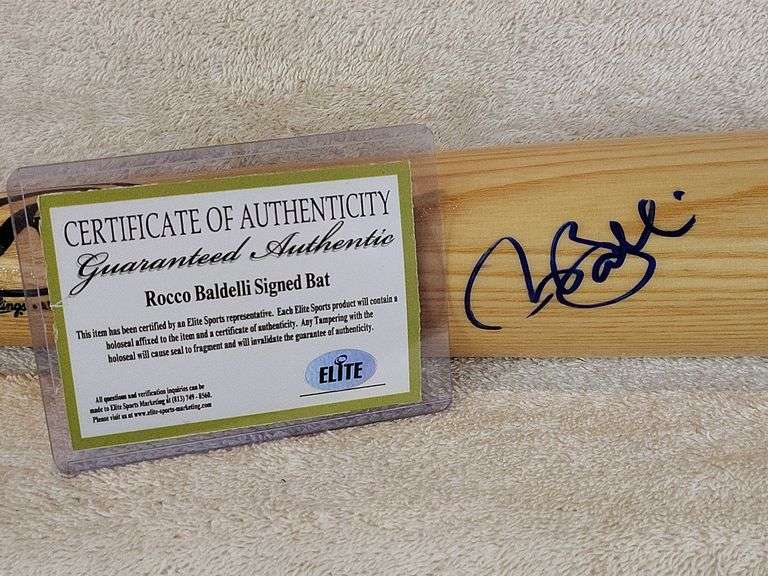 Rocco Baldelli autographed baseball bat. Blue Sharpie on the barrel ...