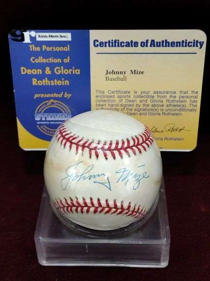 Johnny Mize Autographed baseball. Blue Ball point on the Sweet Spot ...