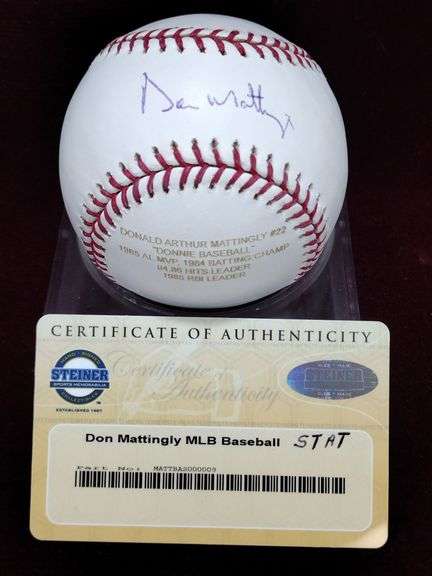 Don Mattingly Autographed Stat baseball. Blue Ball point on the Sweet ...