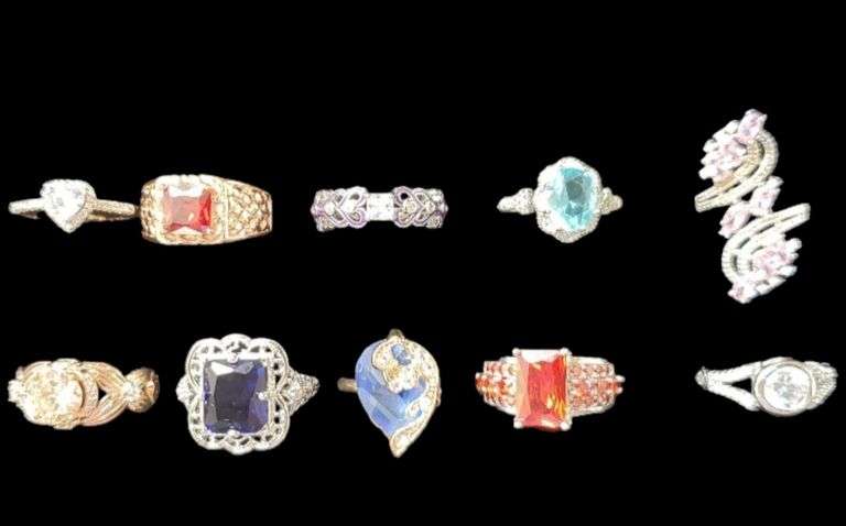 Ten size 9 rings silvertone and copper tone assorted colored stones and ...