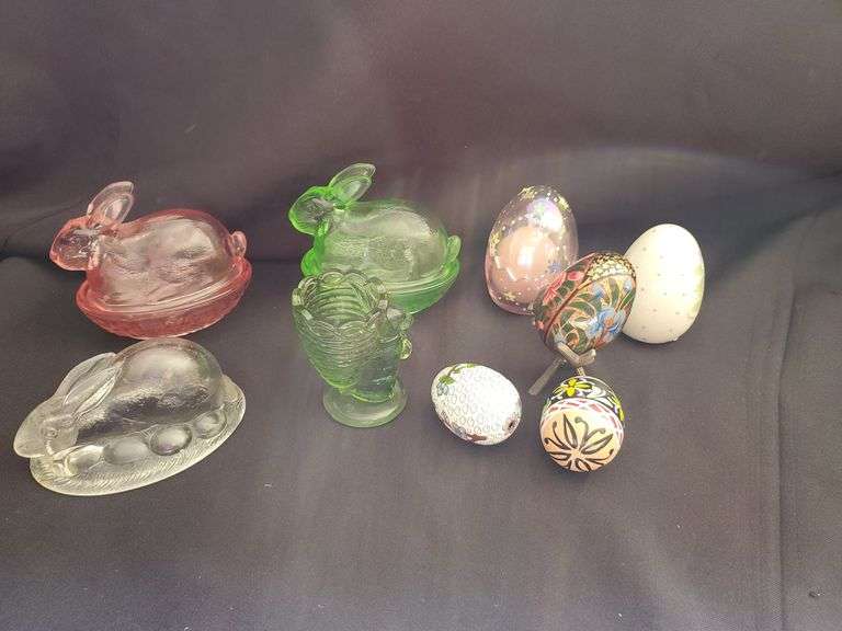 Fenton green glass rabbit toothpick holder, pink & green rabbits on ...