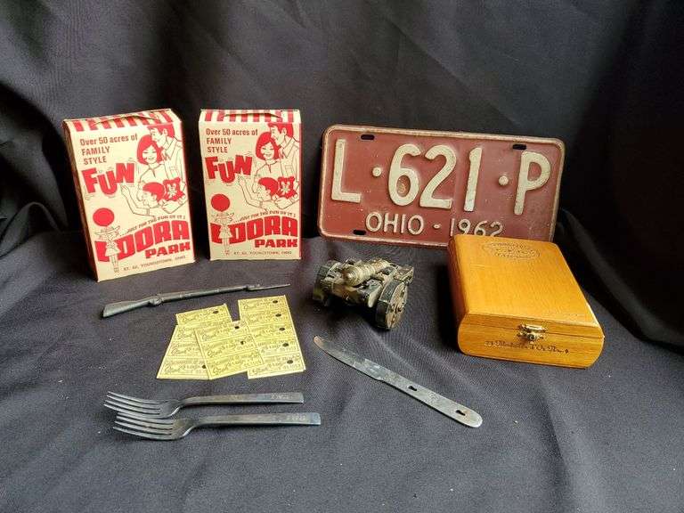 Idora Park popcorn boxes, Ohio 1962 license plate, cigar box, Strauss ...