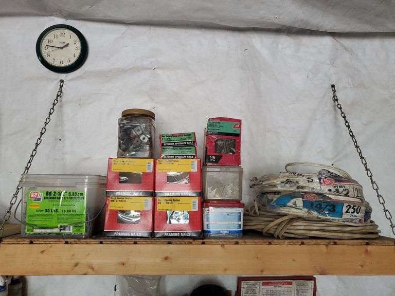 Assorted hardware and electrical wiring including patio and deck nails ...