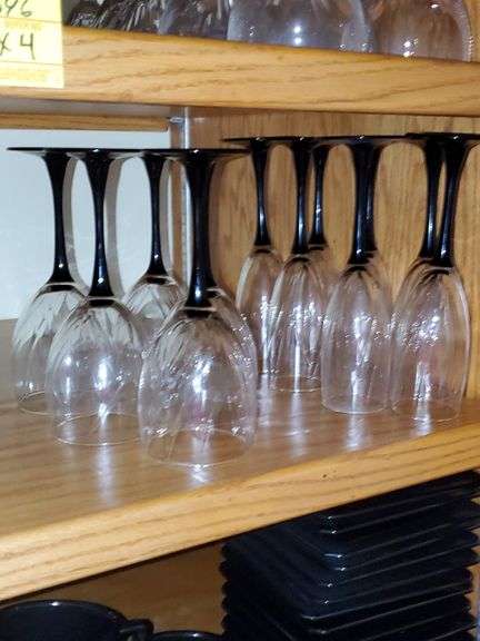 (5) Black stem swirl glass wine goblets, (7) black stem swirl glass ...