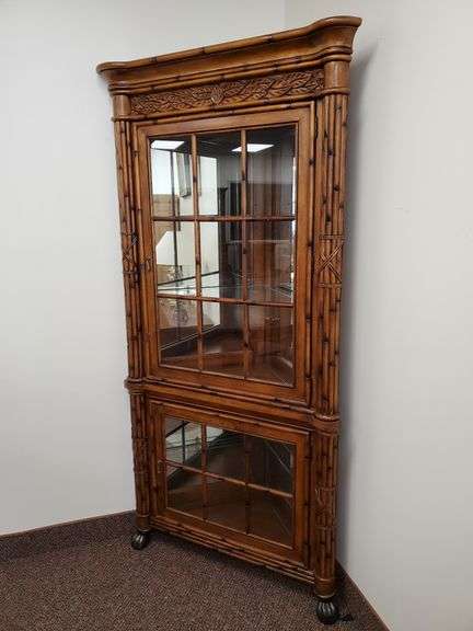 Tommy Bahama style solid wood illuminated corner curio cabinet ...