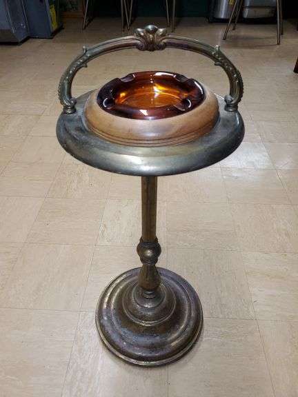 Vintage ashtray stand with wood accent and brass-like finish measures ...