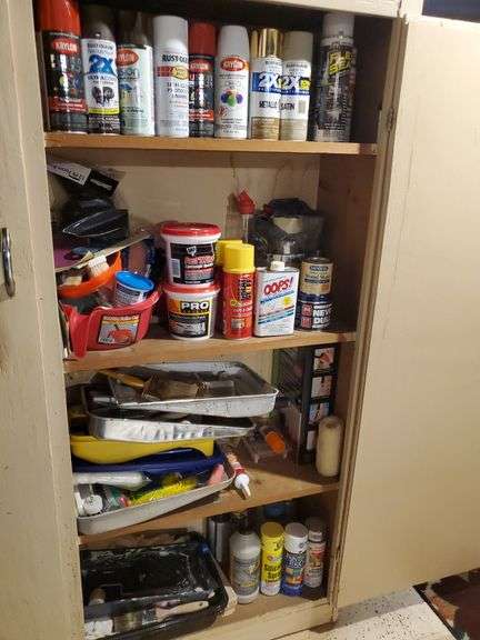 Home paint lot including primer, spackle, stain, gloss, brushes ...