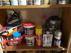 Home paint lot including primer, spackle, stain, gloss, brushes ...