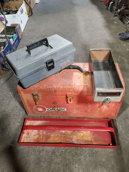 20-in red metal tool box with removable top tray, red tool tray, small ...