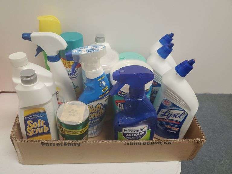 Box of Household Cleaning Supplies including Lysol Toilet Cleaner ...