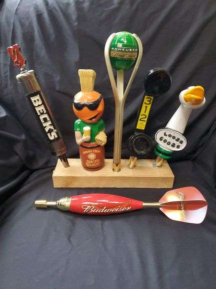 (6) beer tap handles including Budweiser dart shaped handle, Becks ...