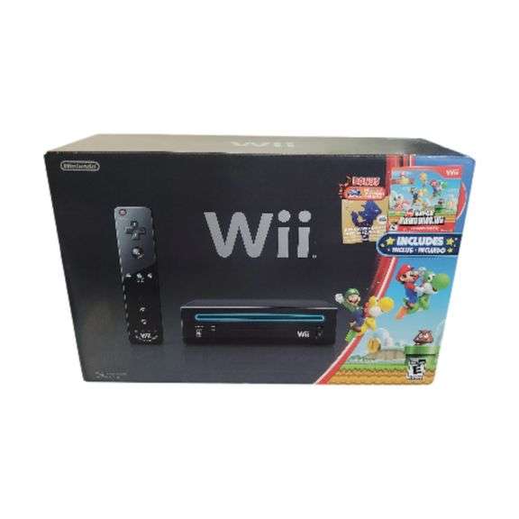 black Nintendo Wii console bundled with the game New Super Mario Bros ...