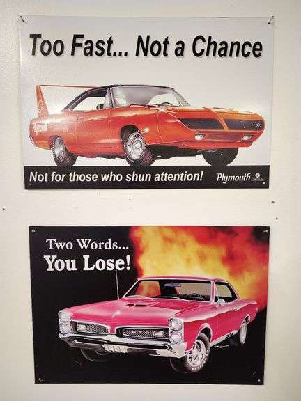 (2) automotive theme tin signs including Plymouth Superbird and Pontiac ...