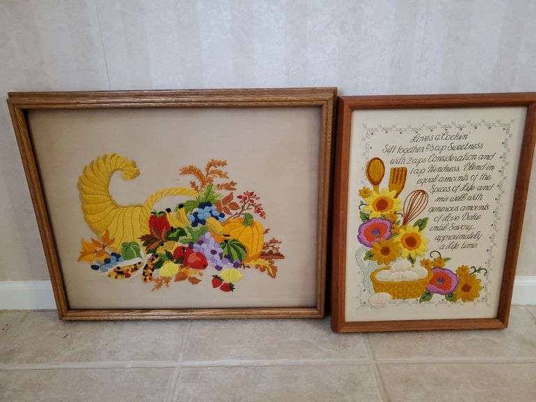 Framed needle works including cornucopia and love recipe. 21 in x18-in ...