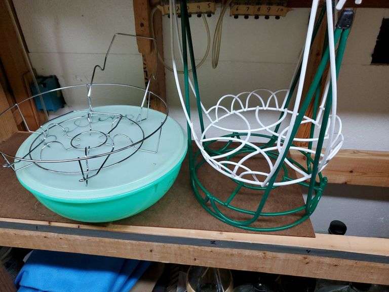 Shelf contents including plant stands and plastic bowl - Bid-Assets ...