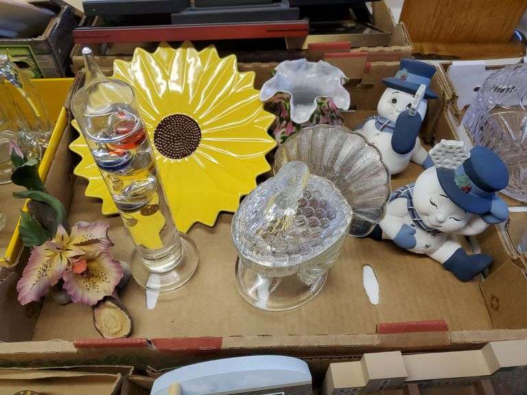 Ellie Smith glass Tom turkey candy dish, two ceramic snowmen, sunflower ...