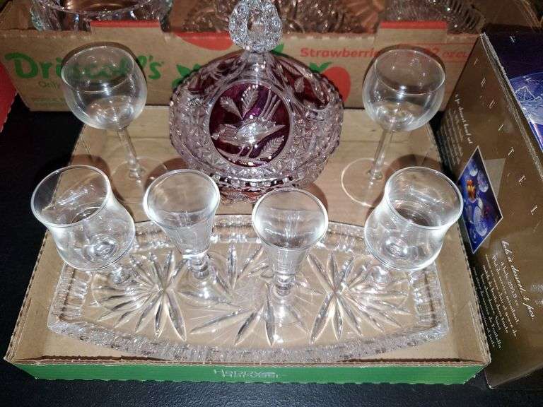 Hofbauer Red Bird Collection lead crystal footed candy dish with a lid ...