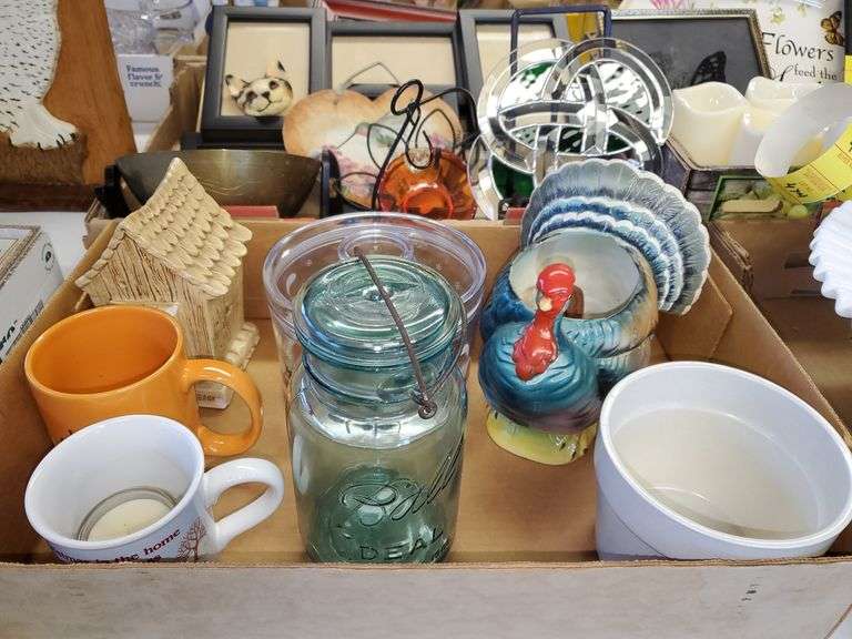 Vintage relpo ceramic turkey planter, blue ball jar, brass bowl ...
