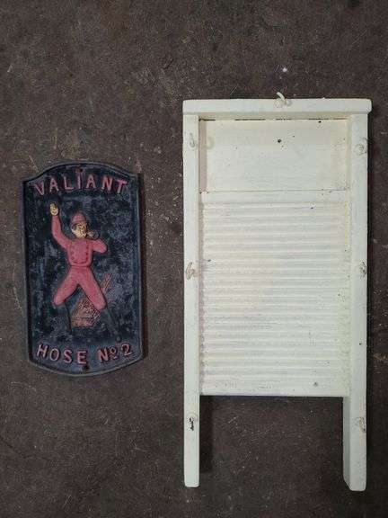 Cast iron Valiant Hose No.2 wall plaque, decorative painted scrub board ...