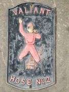 Cast iron Valiant Hose No.2 wall plaque, decorative painted scrub board ...