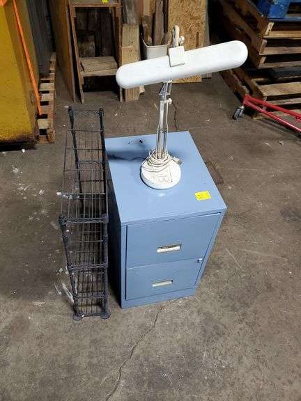 Lot including table lamp, filing cabinet, and wire shelf - Bid-Assets ...