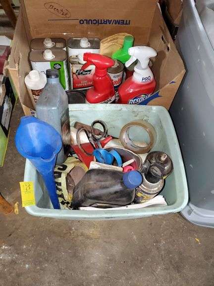 2 boxes including starter fluid, WD-40, funnel, scissors, cleaners, and ...
